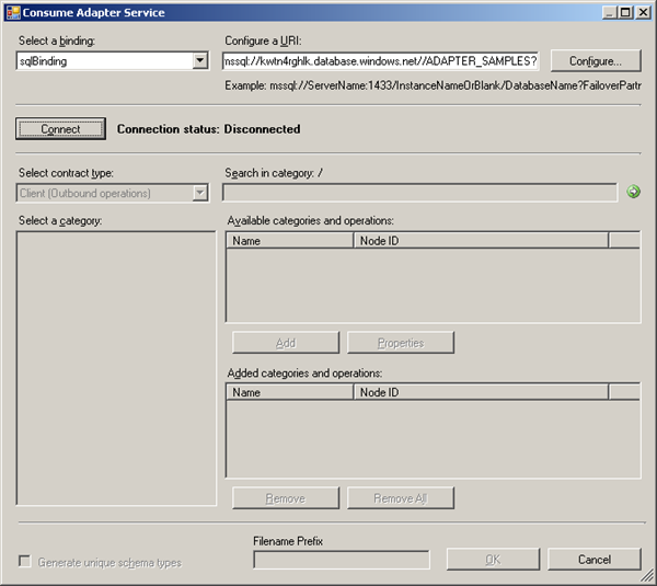 WCF-SQL Adapter Stored Procedure : SQL Azure
